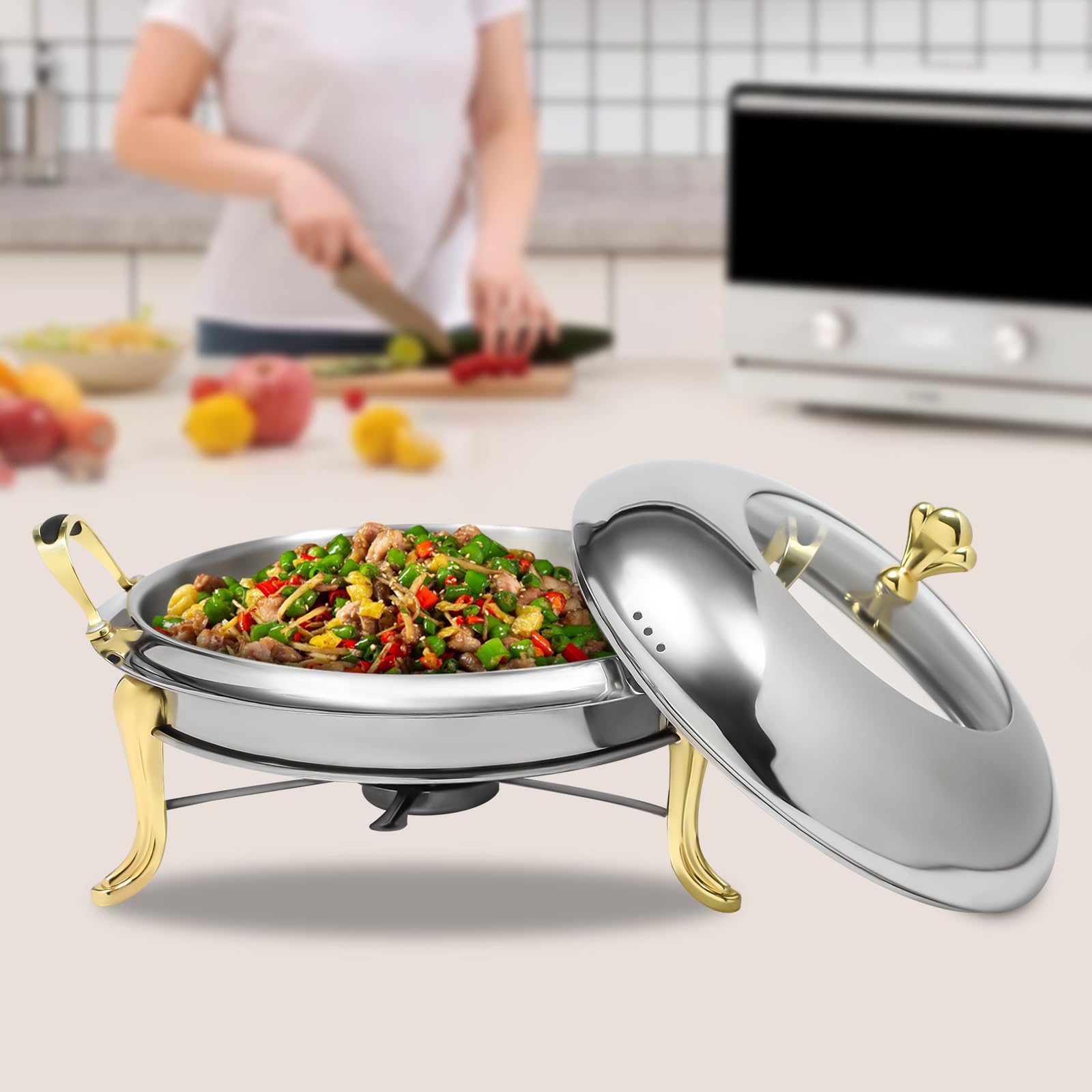 2.5QT Stainless Steel Round Chafing Dishes for Buffet, Electric Chafing Dish Buffet Set, Food Warmer Buffet, Warming Trays for Buffets with Glass Lid & Lid Holder, for Wedding Party Banquet Event