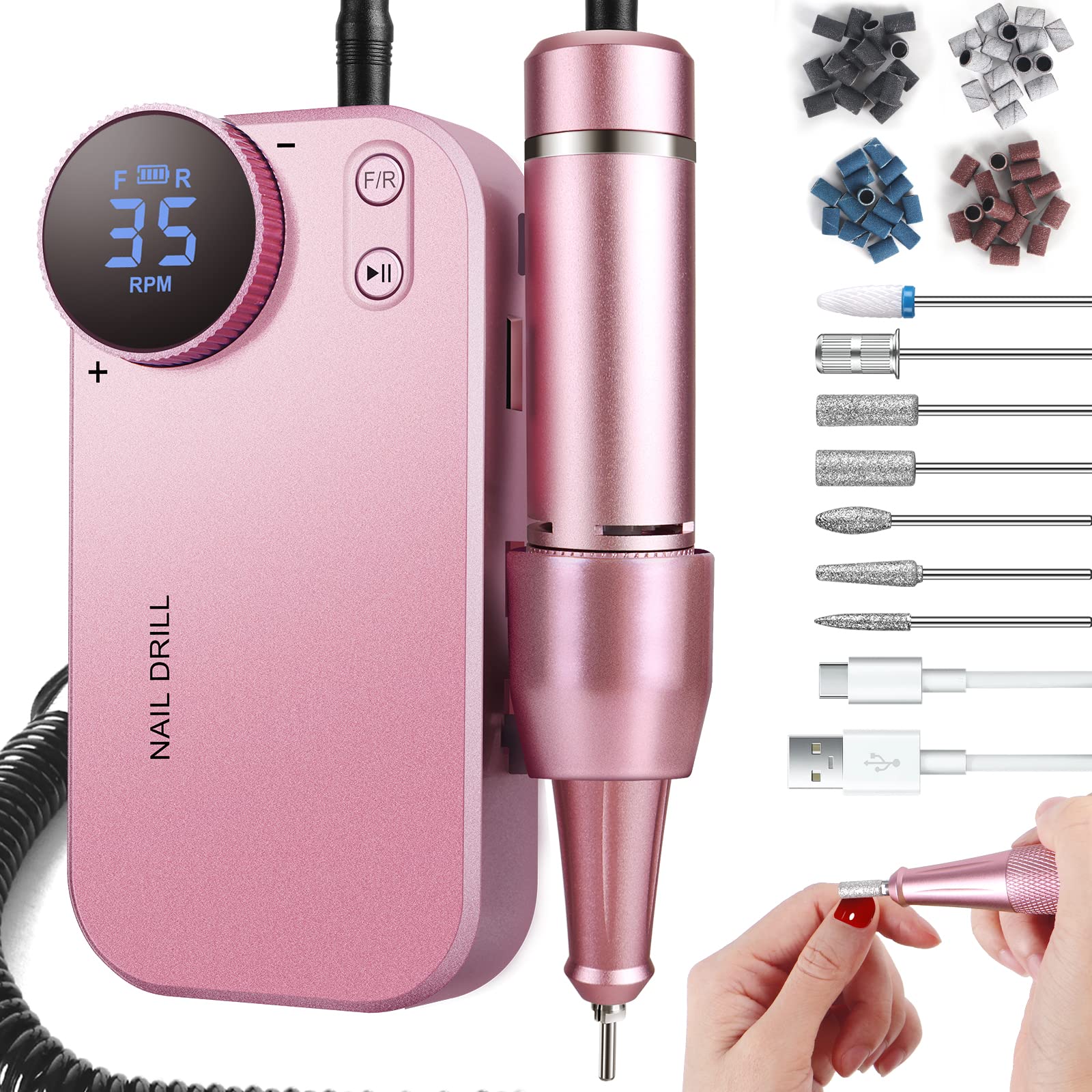Portable Nail Drill Kit,35000RPM Electric Nail Drill Machine E File with Bits and Sanding Bands for Acrylic Gel Nails Polishing,Professional 4500mAh Rechargeable Nail Drill for Manicure Salon Home