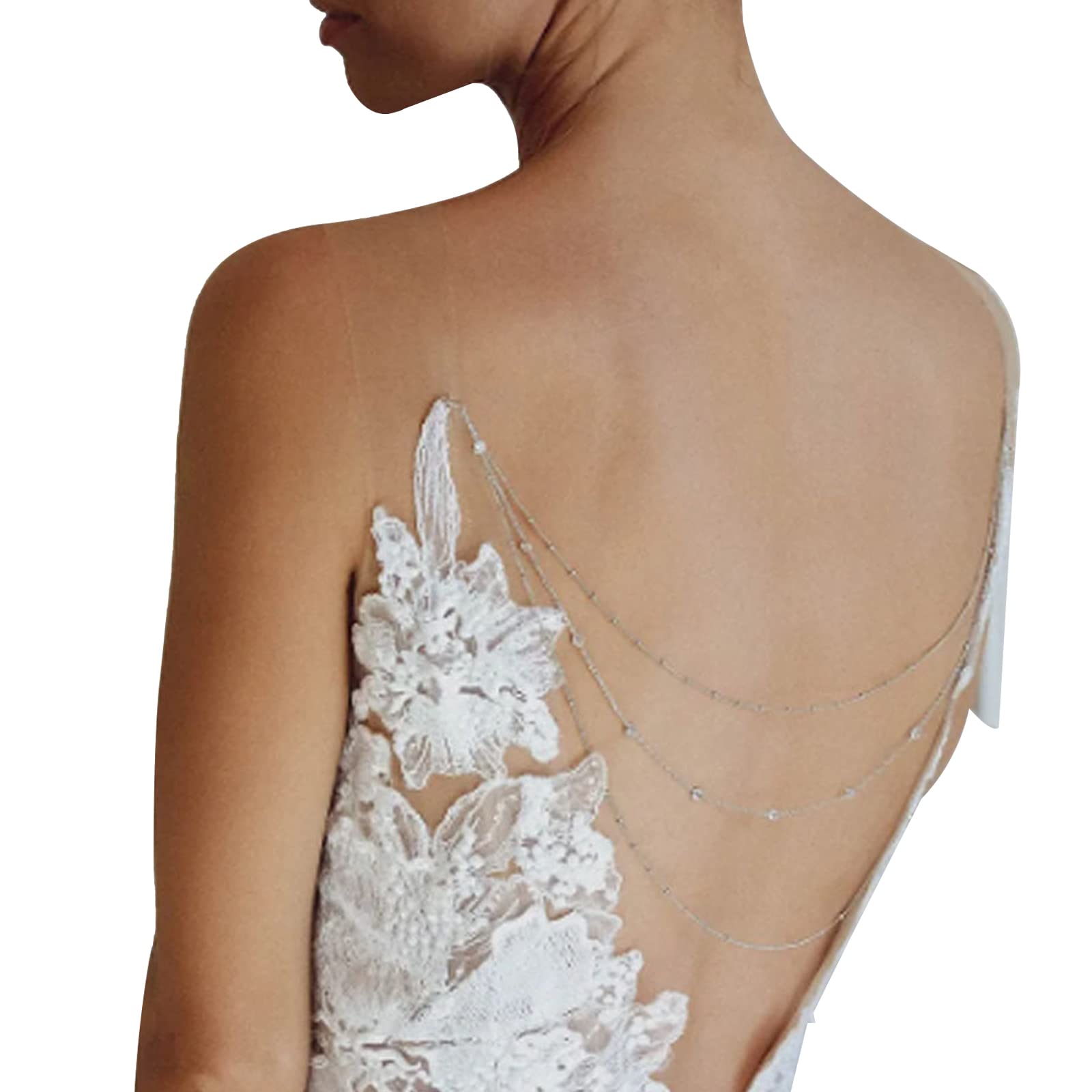 Elegant Multi Layered Rhinestone Back Chain Jewelry Crystal Bridal Back Necklace Chain Sexy Bikini Rhinestone Shoulder Chain Wedding Backdrop Jewelry for Women (Silver)
