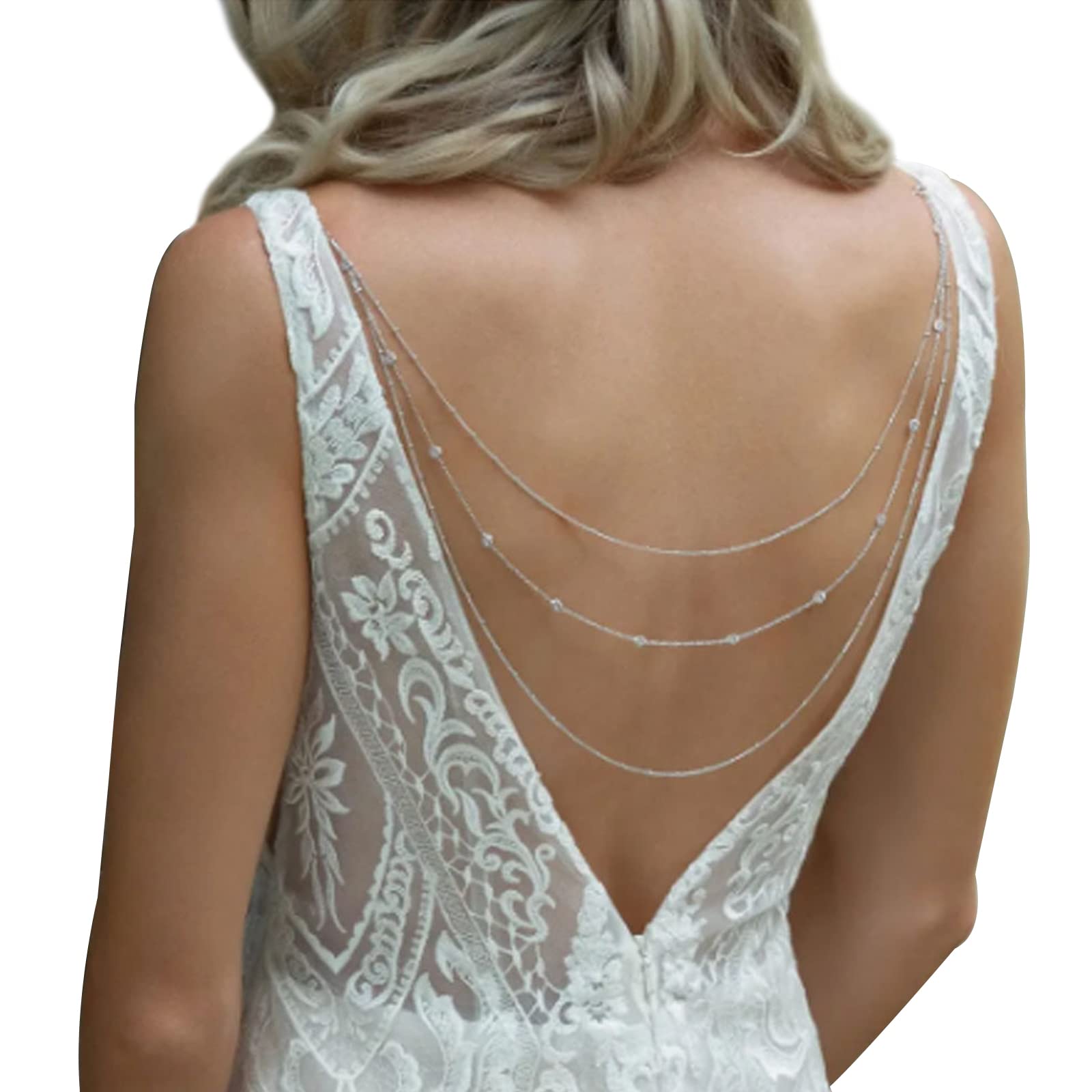 Elegant Multi Layered Rhinestone Back Chain Jewelry Crystal Bridal Back Necklace Chain Sexy Bikini Rhinestone Shoulder Chain Wedding Backdrop Jewelry for Women (Silver)