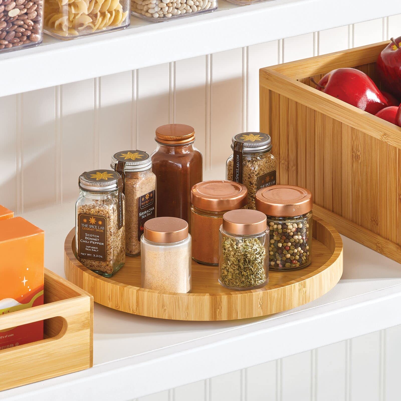 mDesign Bamboo Wood Lazy Susan Turntable Food Storage Container for Cabinets, Pantry, Refrigerator, Countertop, Spinning Organizer for Spices, Condiments - 11.5" Round - Echo Collection - Natural
