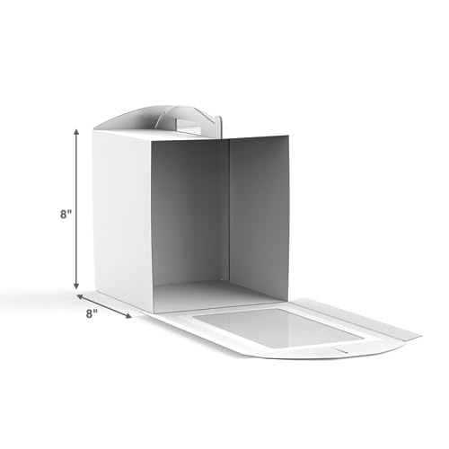 Box For Cake 10-Pack 8x8x8 inch White Cake Boxes with Window, European-Grade Sturdy Cardboard, Large Cake Carriers with Handle for Tiered Cakes, 10 PCS (White)