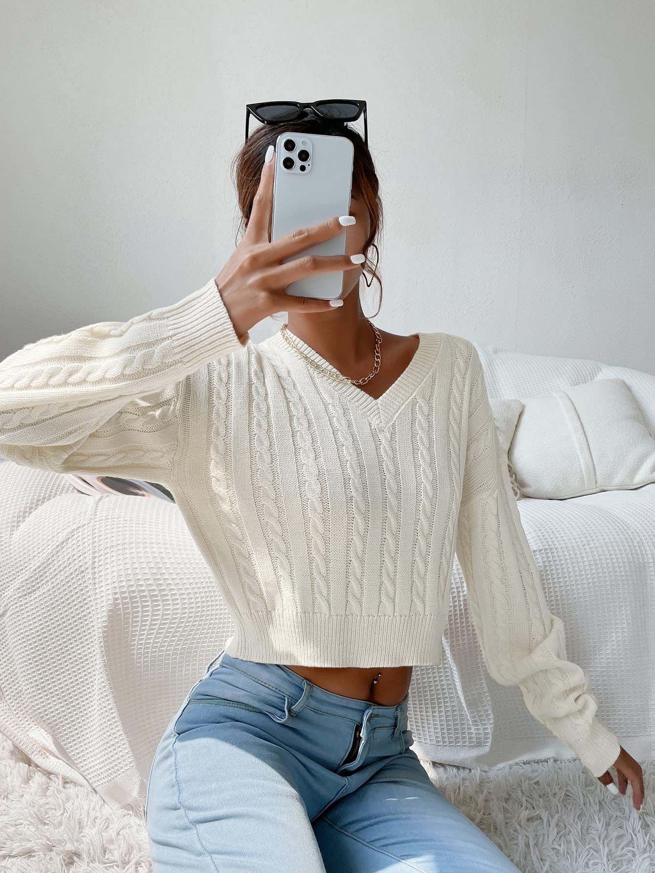 Verdusa Women's Drop Shoulder V Neck Sweater Jumper Long Sleeve Knit Pullover White S
