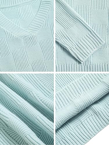 ZAFUL Womens V Neck Oversized Long Sleeve Sweaters Off Shoulder Square Textured Loose Knit Pullover Jumper Tops Blue L