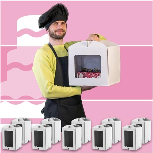 Box For Cake 10-Pack 8x8x8 inch White Cake Boxes with Window, European-Grade Sturdy Cardboard, Large Cake Carriers with Handle for Tiered Cakes, 10 PCS (White)