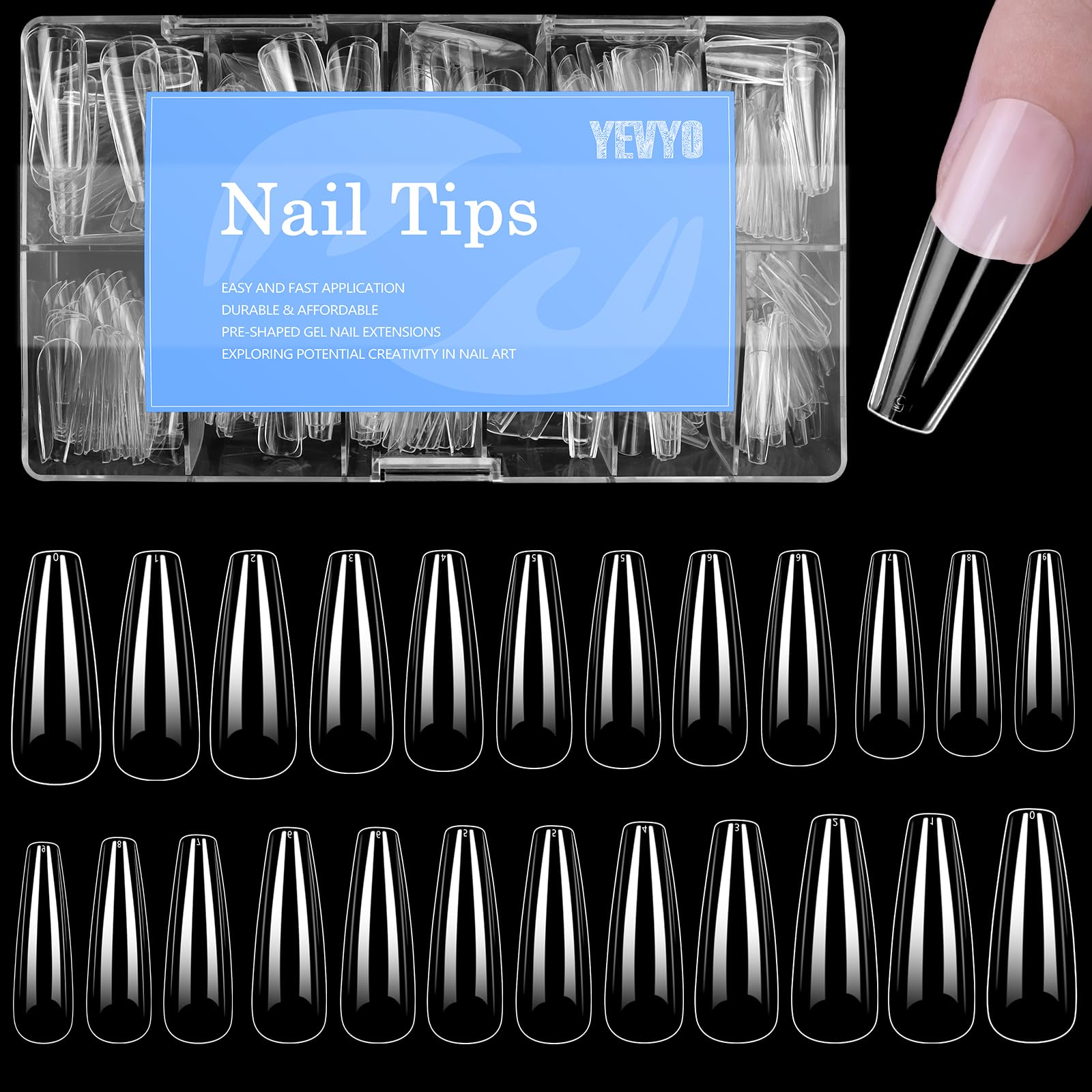 Yevyo 500 Pcs Clear Gel X Nail Tips Coffin Nail Tips False Nail Tips, Acrylic Fake Nail Soft Medium Coffin Shape Nail Extension Tips Extra Long Nail Tips Full Cover Nail Tips for Nail Arts DIY Home
