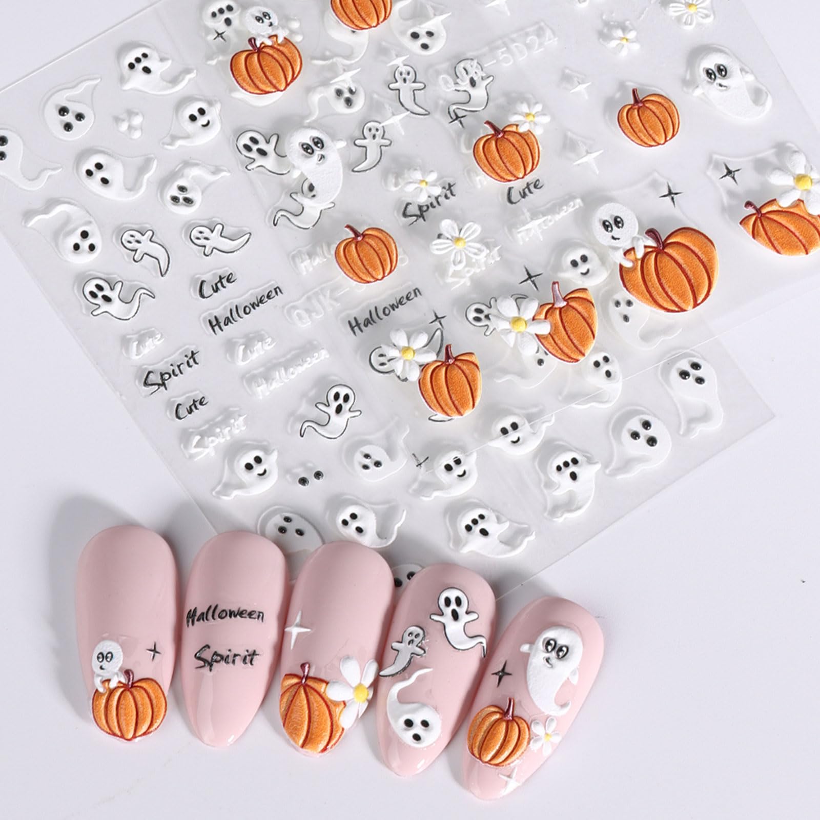 JMEOWIO 3D Embossed Halloween Nail Art Stickers Decals Self-Adhesive Pegatinas Uñas 5D Ghost Pumpkin Spook Nail Supplies Nail Art Design Decoration Accessories 4 Sheets