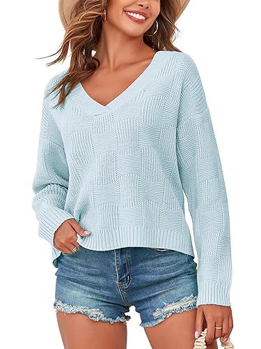 ZAFUL Womens V Neck Oversized Long Sleeve Sweaters Off Shoulder Square Textured Loose Knit Pullover Jumper Tops Blue L
