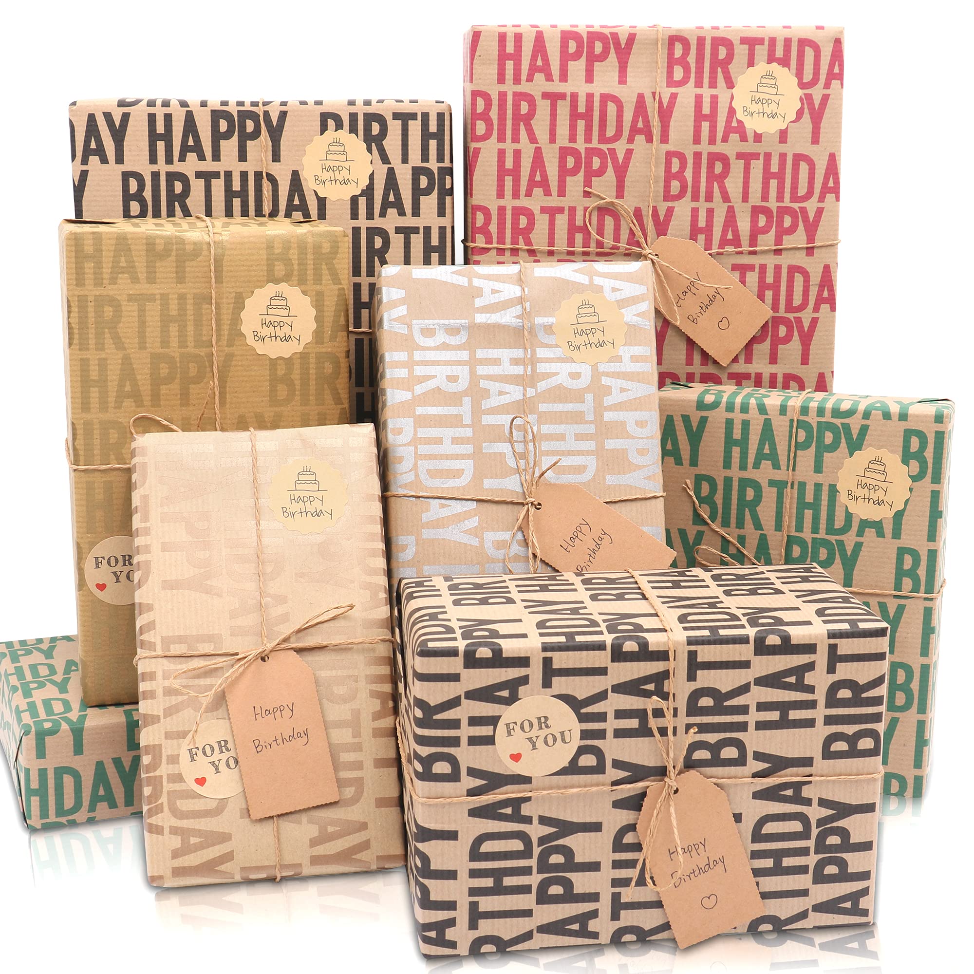 Birthday Wrapping Paper Set, 6 Sheets Kraft Brown Recycled Gift Wrapping Paper with Stickers, Gift Wrapping Paper with Happy Birthday Pattern Design for Kids Girls Women Boys Men Adults, 20×28 inches