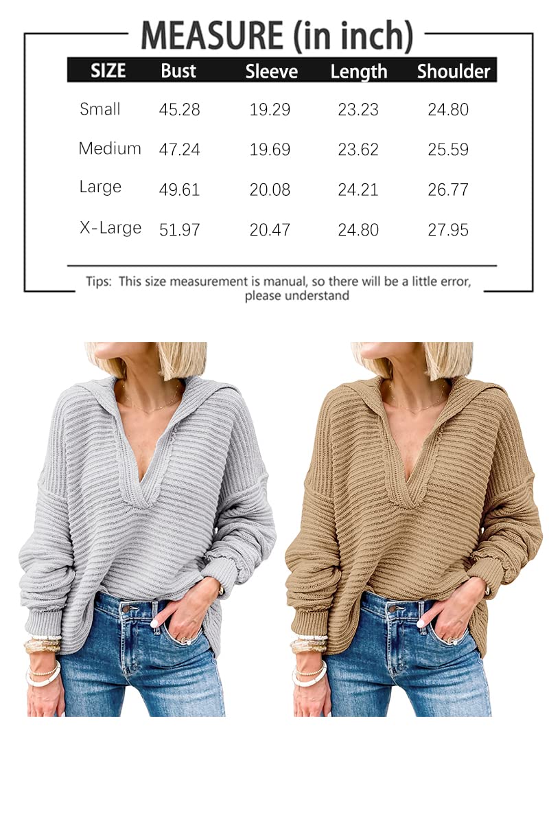 EFAN Women's Oversized V Neck Sweaters 2023 Long Sleeve Collared Tunic Batwing Knitted Pullover Sweater Apricot