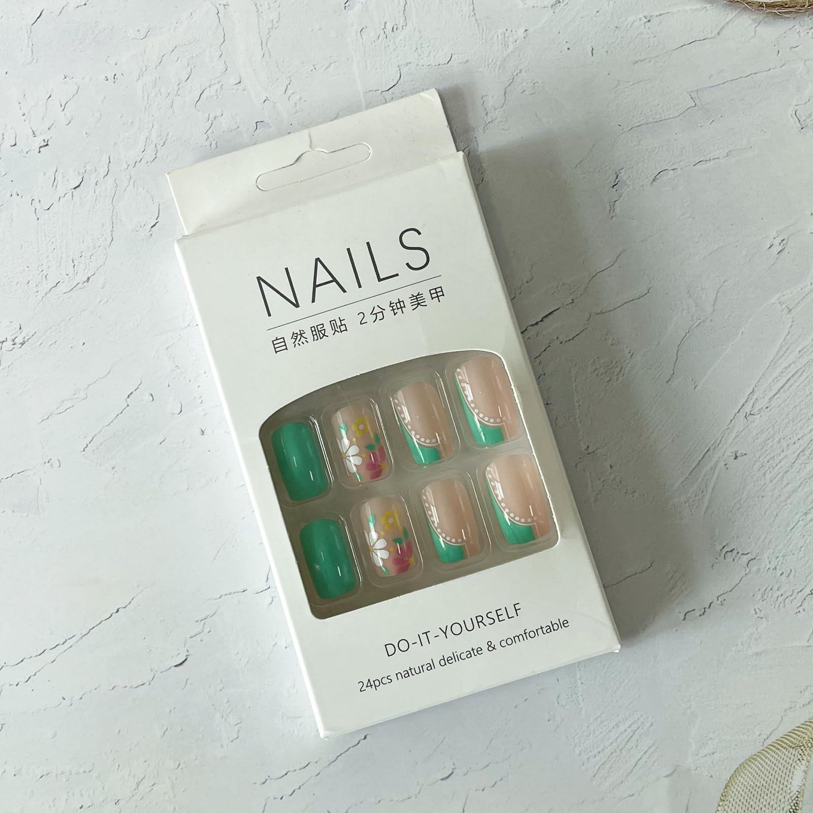 Press on Nails Medium Square False Nails French Tip False Nails Colorful Flower with Designs Acrylic Nails Full Cover Glossy Artificial Nails Reusable Stick on Nails for Women 24Pcs