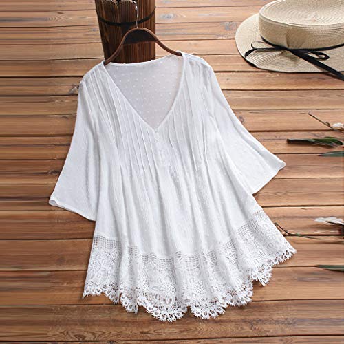 Aniywn Women Round Neck Lace Up Lace Patchwork Flare Pullover Top Casual Plus Size 3/4 Sleeve Floral Printed T-Shirt