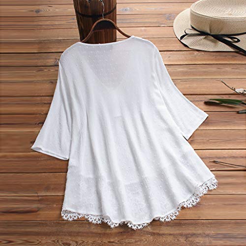 Aniywn Women Round Neck Lace Up Lace Patchwork Flare Pullover Top Casual Plus Size 3/4 Sleeve Floral Printed T-Shirt