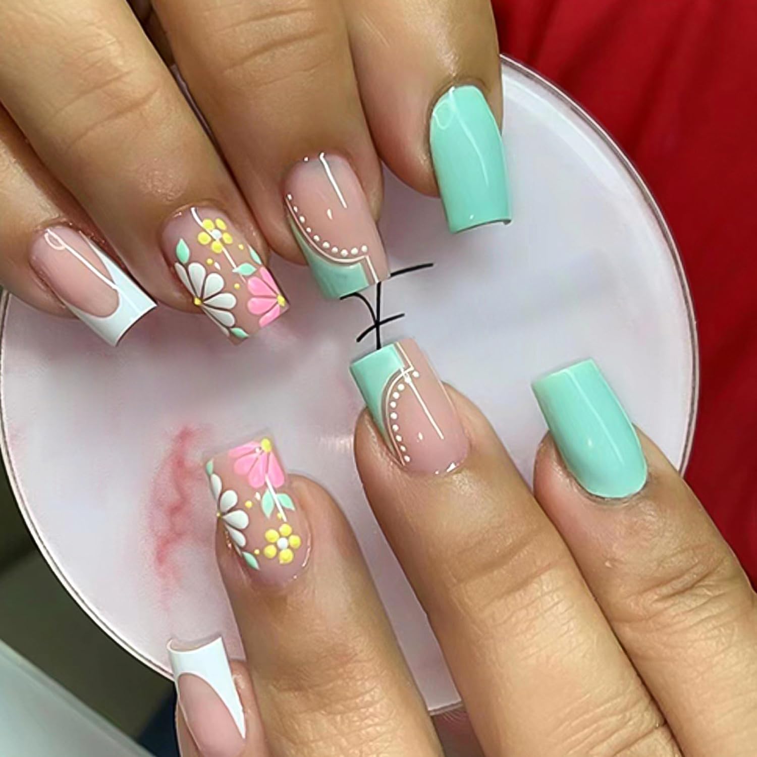 Press on Nails Medium Square False Nails French Tip False Nails Colorful Flower with Designs Acrylic Nails Full Cover Glossy Artificial Nails Reusable Stick on Nails for Women 24Pcs