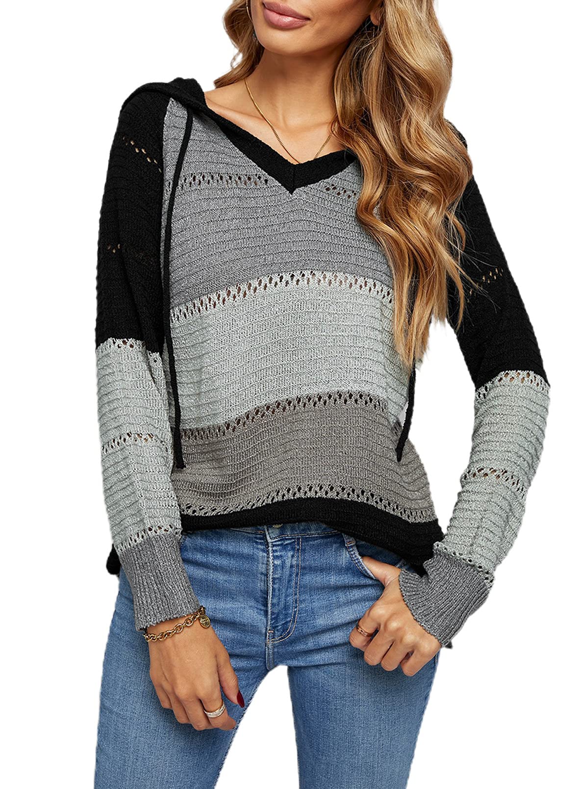 FEKOAFE Women's Cute Color Block V-Neck Long Sleeve Pullover Drawstring Hoodies Pullover Sweatshirts Black S