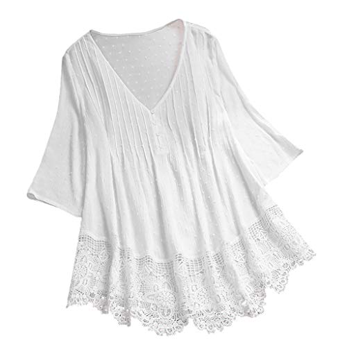 Aniywn Women Round Neck Lace Up Lace Patchwork Flare Pullover Top Casual Plus Size 3/4 Sleeve Floral Printed T-Shirt