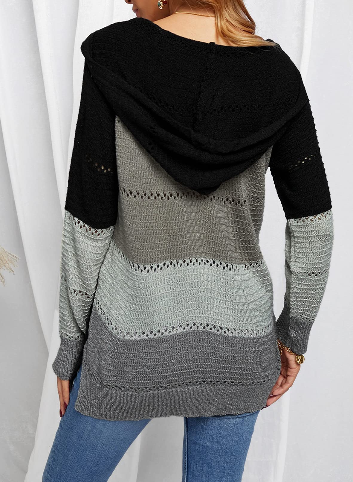 FEKOAFE Women's Cute Color Block V-Neck Long Sleeve Pullover Drawstring Hoodies Pullover Sweatshirts Black S