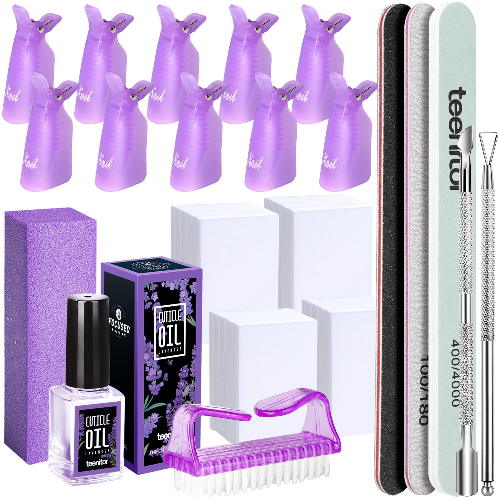 Teenitor Nail Gel Remover Tools Kit with Nail Remover Clips, Nail Remover Pads, Cuticle Oil, Nail Brushes, Nail File Buffer Block, Cuticle Peeler, Cuticle Pusher