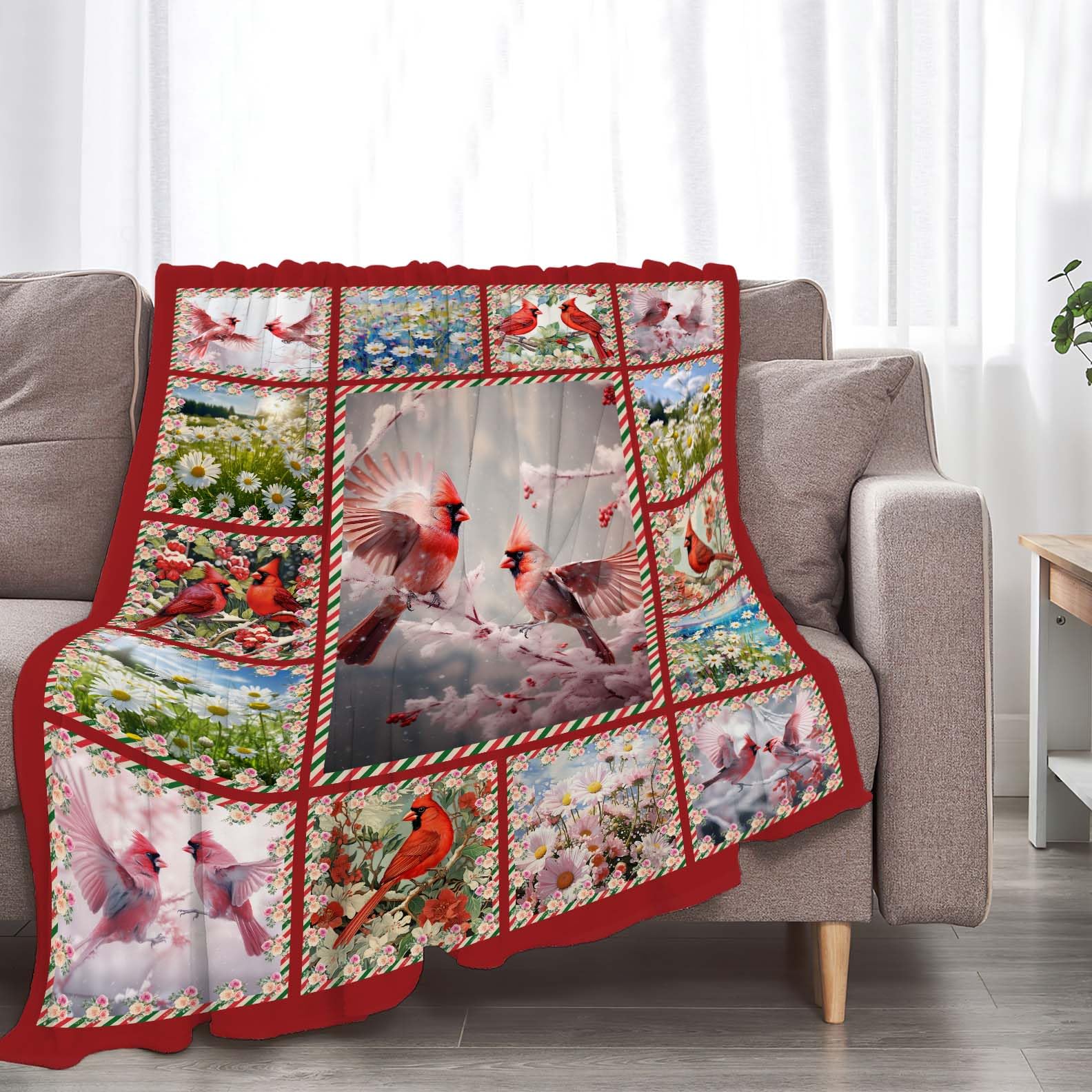 Cardinal Throw Blanket Red Bird Memorial Gifts Blanket for Adults Soft Cozy Warm Plush Fleece All Season Daisy Flower Blanket Decor for Couch Bed Sofa Dorm Office 40''X50''