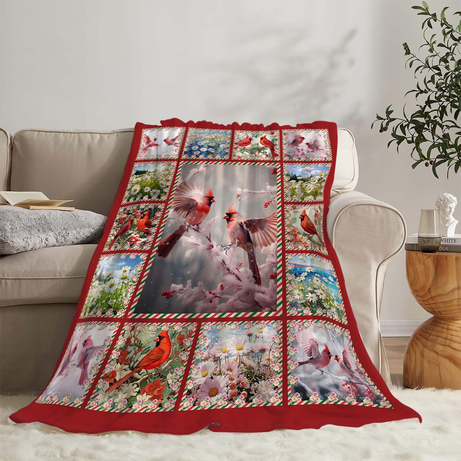 Cardinal Throw Blanket Red Bird Memorial Gifts Blanket for Adults Soft Cozy Warm Plush Fleece All Season Daisy Flower Blanket Decor for Couch Bed Sofa Dorm Office 40''X50''