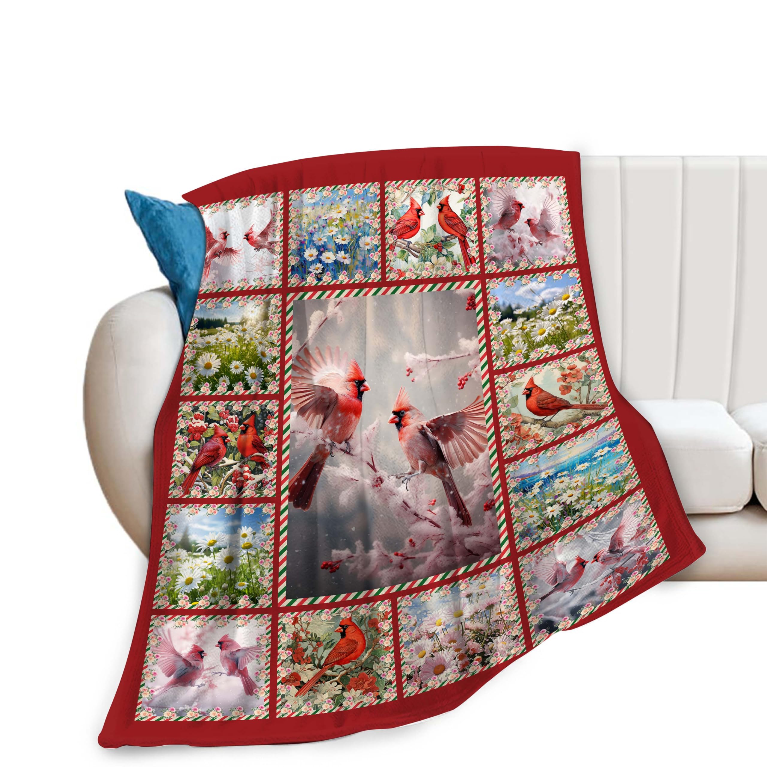 Cardinal Throw Blanket Red Bird Memorial Gifts Blanket for Adults Soft Cozy Warm Plush Fleece All Season Daisy Flower Blanket Decor for Couch Bed Sofa Dorm Office 40''X50''