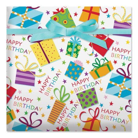 Happy Birthday Packages Double-Sided Jumbo Rolled Gift Wrap - 23 Inches x 32 Feet (61 Square Feet Total), Peek-Proof, For Birthdays, Graduations, Baby Showers and More