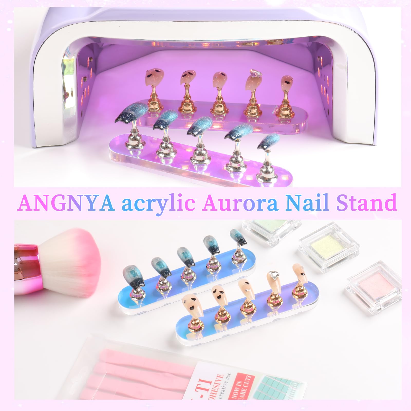 ANGNYA Nail Stand for Press on, 2 Set Aurora Nail Holder for Painting Nails Press on Nail Stands with 96 Pcs Reusable Sticky Putty for Nail Art Display Home & Salon Use