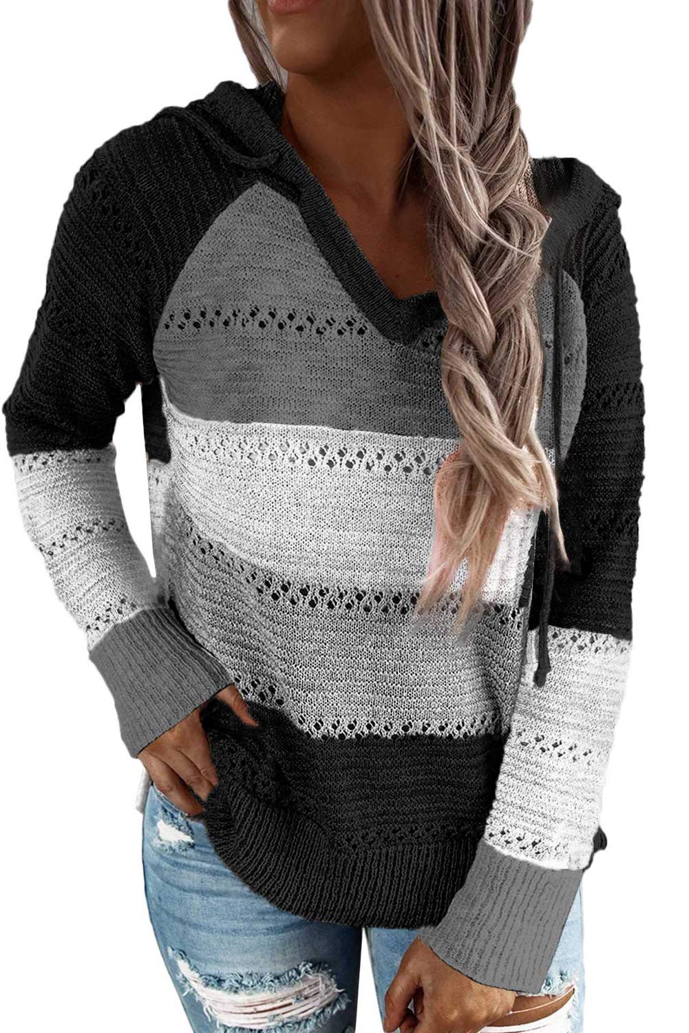 FEKOAFE Women's Cute Color Block V-Neck Long Sleeve Pullover Drawstring Hoodies Pullover Sweatshirts Black S