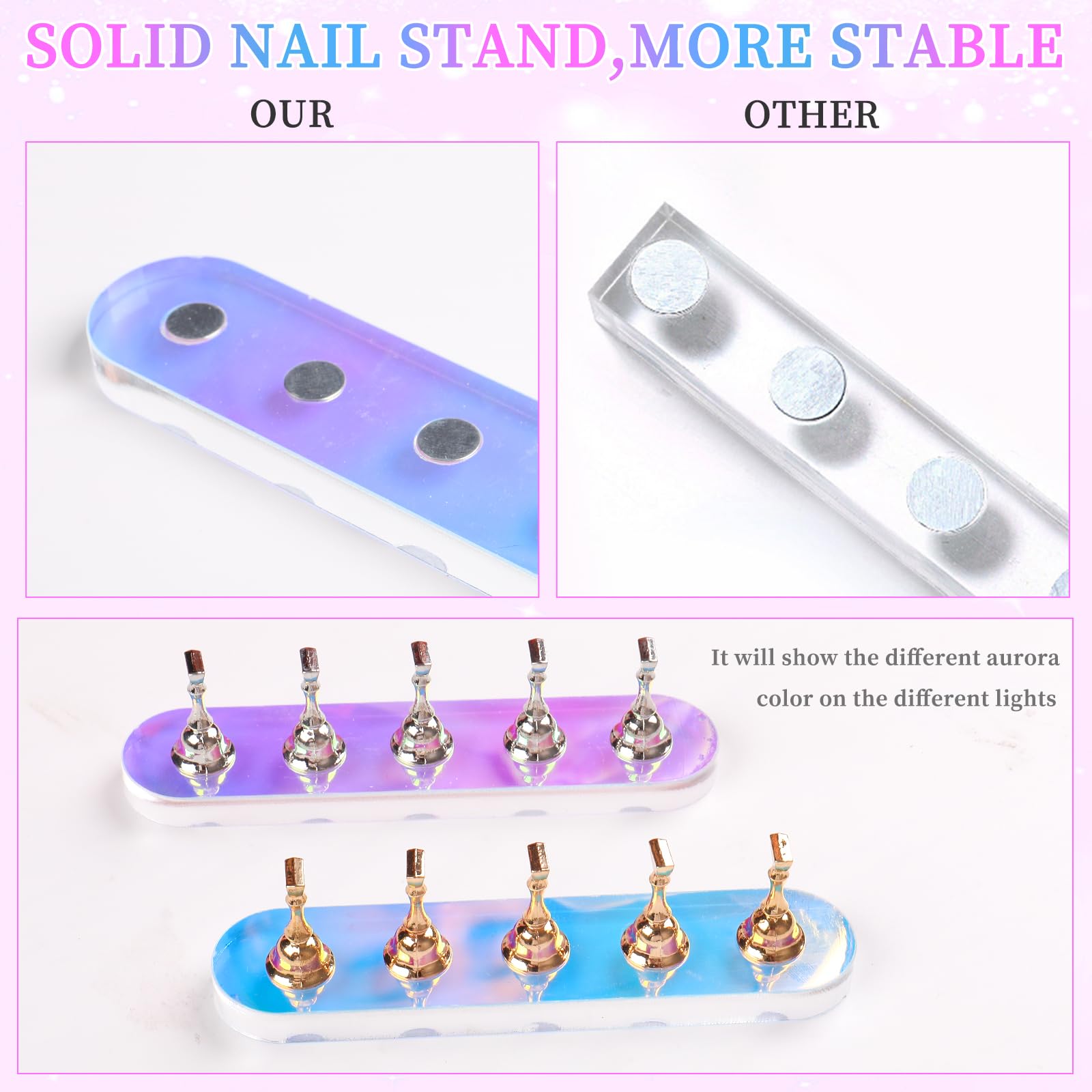 ANGNYA Nail Stand for Press on, 2 Set Aurora Nail Holder for Painting Nails Press on Nail Stands with 96 Pcs Reusable Sticky Putty for Nail Art Display Home & Salon Use