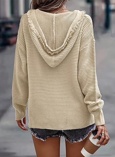 Dokotoo Oversized Sweaters for Women 2023 Fall Fashion Solid Hooded V Neck Long Sleeve Sweater Tops Soft Winter Trendy Cable Ribbed Knit Pullover Drop Shoulder Hoodies Jumpers M Apricot