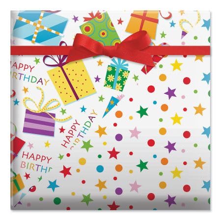 Happy Birthday Packages Double-Sided Jumbo Rolled Gift Wrap - 23 Inches x 32 Feet (61 Square Feet Total), Peek-Proof, For Birthdays, Graduations, Baby Showers and More