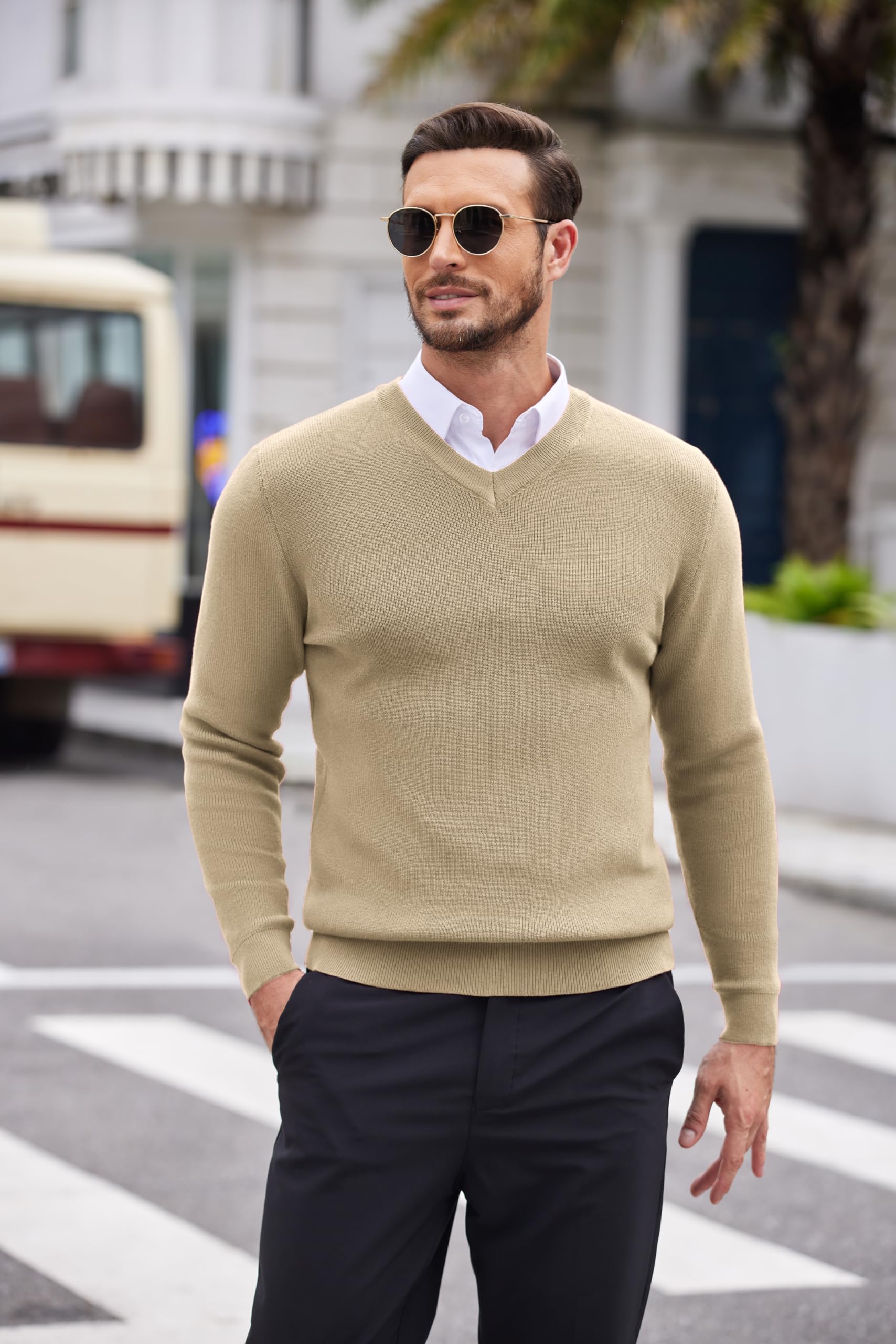 COOFANDY Men V Neck Dress Sweater Knit Long Sleeve Casual Slim Fit Pullover Sweater Khaki