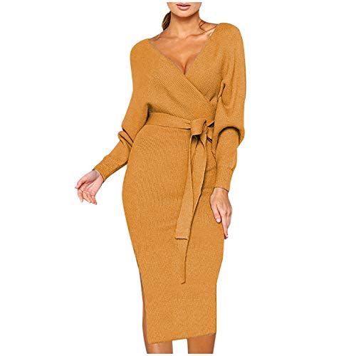 Fall Wedding Guest Dresses for Women Cream Dress for Women Knit Pullover Sweater Vestidos de Mujer sueltos Sexy Black Dress Long Sleeve Plus Size Dress for Women Sexy v-Neck Fashion XXL Maxi Dresses