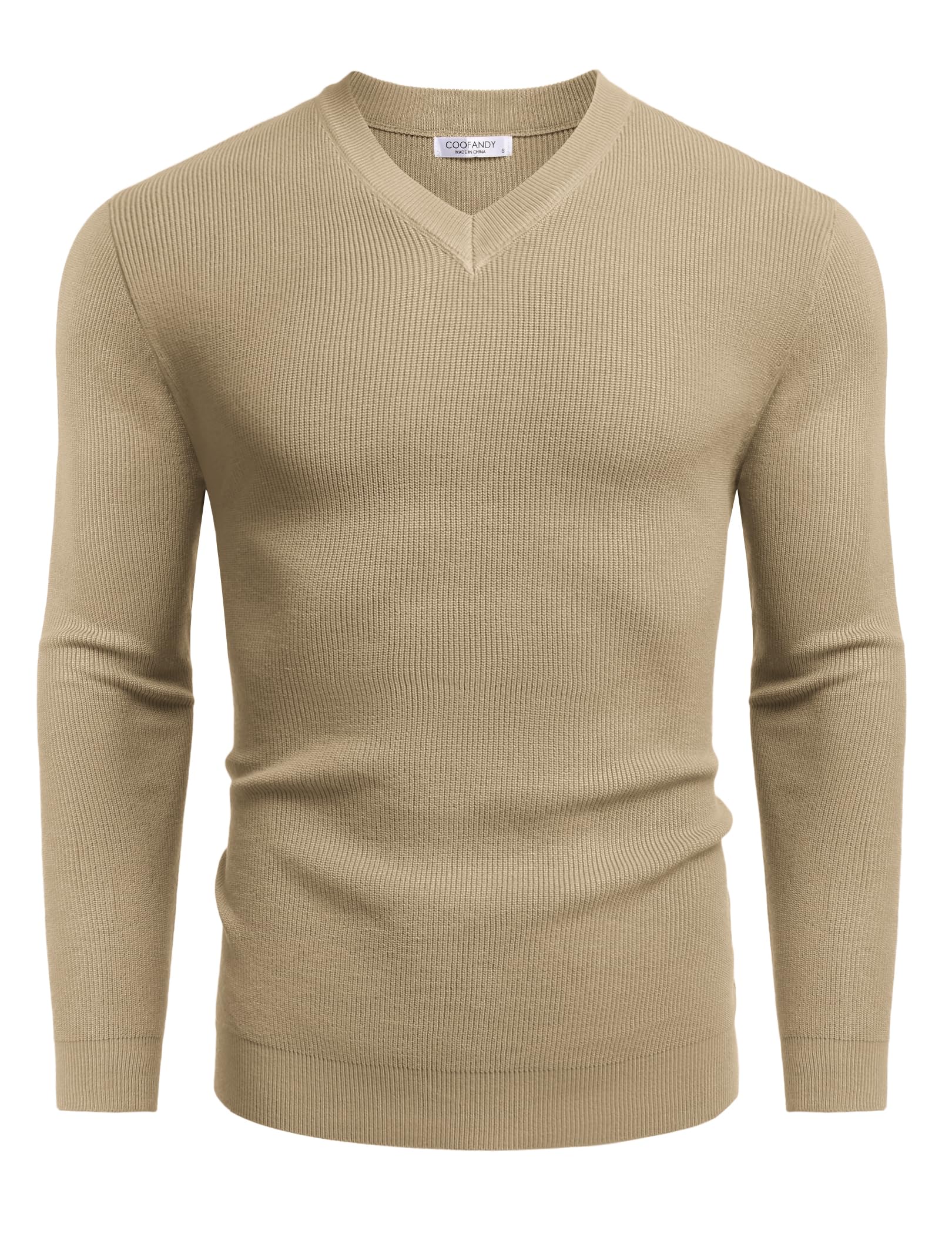 COOFANDY Men V Neck Dress Sweater Knit Long Sleeve Casual Slim Fit Pullover Sweater Khaki