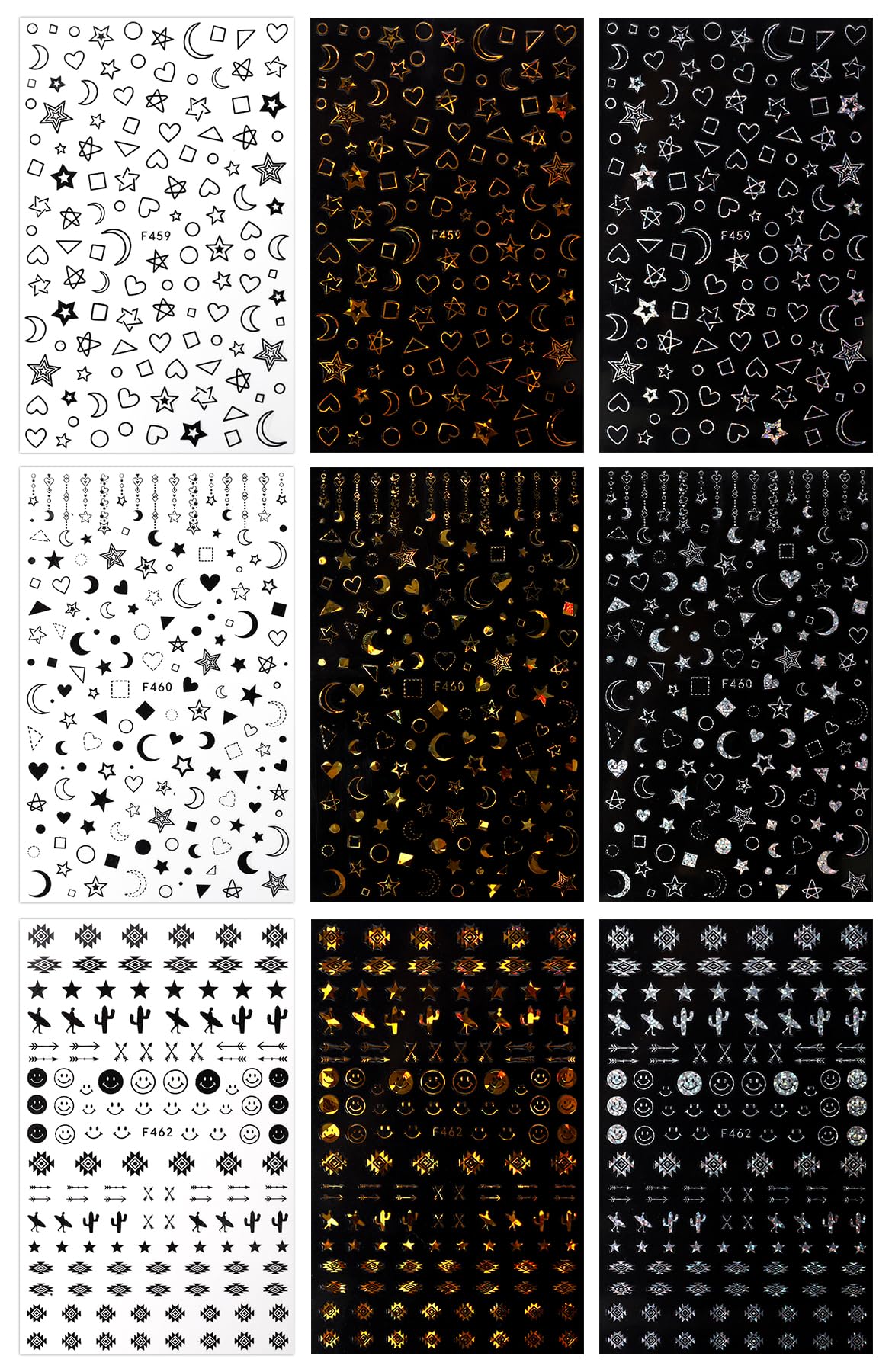 JMEOWIO 9 Sheets Moon Star Nail Art Stickers Decals Self-Adhesive Pegatinas Uñas Gold Silver Black Nail Supplies Nail Art Design Decoration Accessories