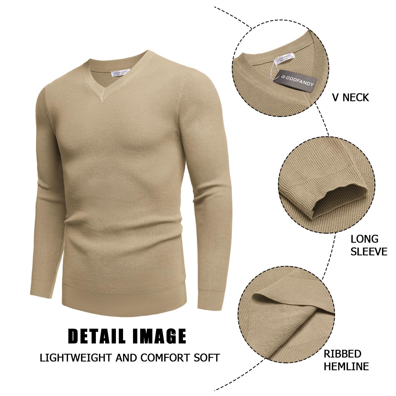 COOFANDY Men V Neck Dress Sweater Knit Long Sleeve Casual Slim Fit Pullover Sweater Khaki