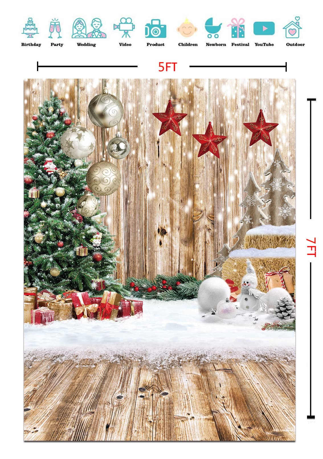 CYLYH 5x7FT Rustic Wood Snow Backdrop for Christmas Party & Family Gathering