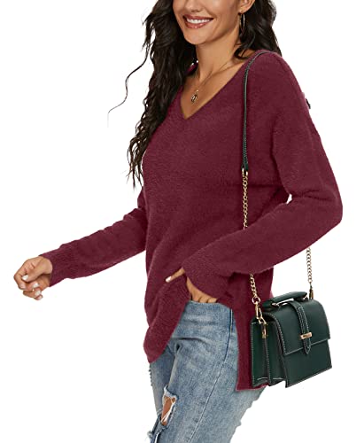 QIXING Women's Casual V-Neck Long Sleeves Side Split Loose Fit Fuzzy Knit Pullover Sweater Tops Wine Red-Small