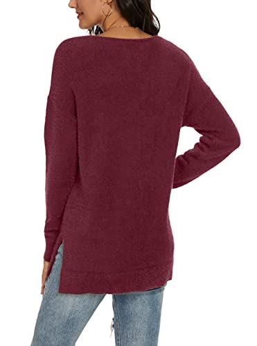 QIXING Women's Casual V-Neck Long Sleeves Side Split Loose Fit Fuzzy Knit Pullover Sweater Tops Wine Red-Small
