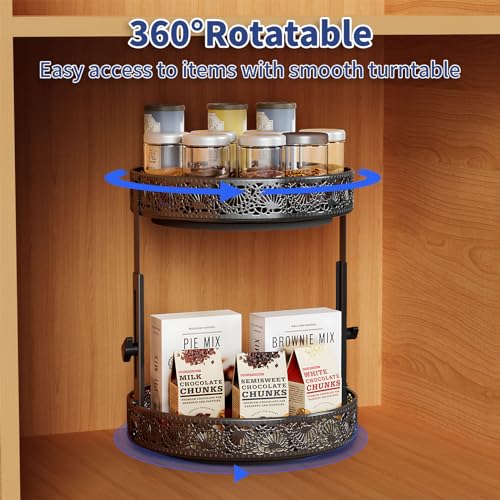2 Tier Lazy Susan Organizer, 2 Pack 11&12 Inch Lazy Susan Turntable for Cabinet Table, MESHDO Height Adjustable Cabinet Organizer Spice Rack with Non-Slip Pad for Kitchen Bathroom Pantry(Metal, Black)