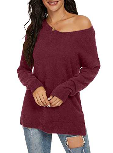 QIXING Women's Casual V-Neck Long Sleeves Side Split Loose Fit Fuzzy Knit Pullover Sweater Tops Wine Red-Small