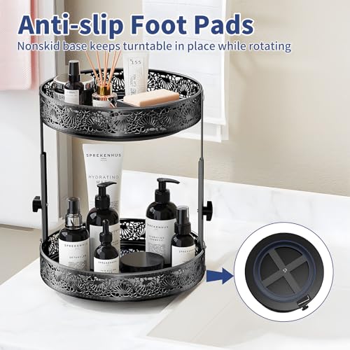2 Tier Lazy Susan Organizer, 2 Pack 11&12 Inch Lazy Susan Turntable for Cabinet Table, MESHDO Height Adjustable Cabinet Organizer Spice Rack with Non-Slip Pad for Kitchen Bathroom Pantry(Metal, Black)