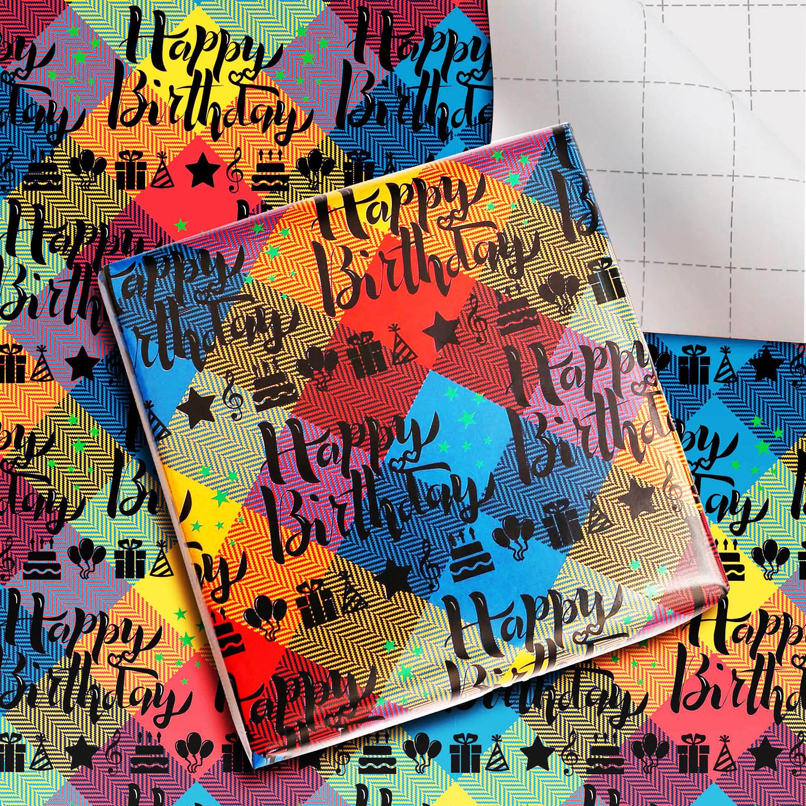 BOLIANNE Birthday Wrapping Paper for Women Men with Cut Lines - Birthday Gift Wrap with Happy Birthday Lettering for Boys Girls Kids - 3 Large Sheets, 27 X 39.4 Inch