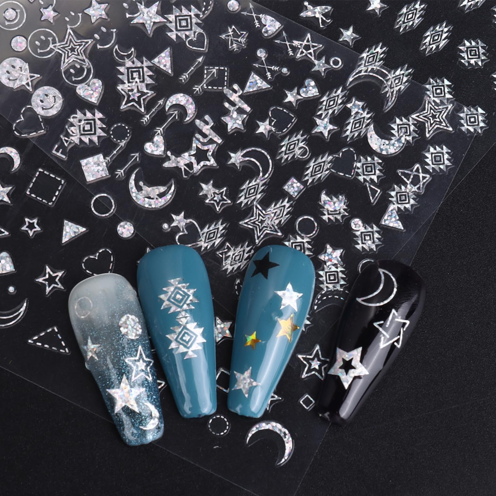 JMEOWIO 9 Sheets Moon Star Nail Art Stickers Decals Self-Adhesive Pegatinas Uñas Gold Silver Black Nail Supplies Nail Art Design Decoration Accessories