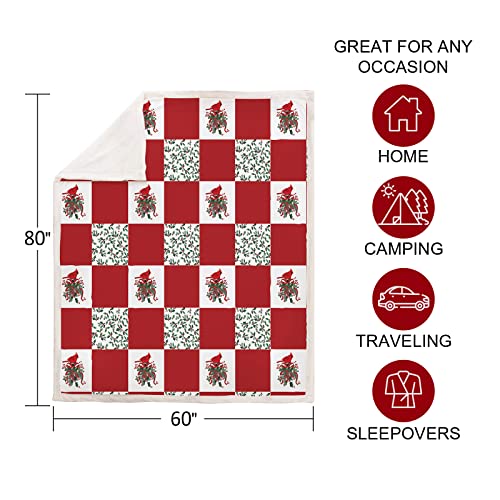 Christmas Sherpa Fleece Twin Size Blanket, Cardinals Birds Stitching Plaid Fuzzy Soft Lightweight Breathable Bed Sofa TV Couch Blanket - 60'x80'