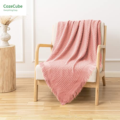 CozeCube Boho Throw Blanket for Couch, Mauve Throw Blanket, Basket Weave Waffle Throw Blanket, Farmhouse Lightweight Throw Blanket with Fringe, Blush Pink, 50'' x 60''