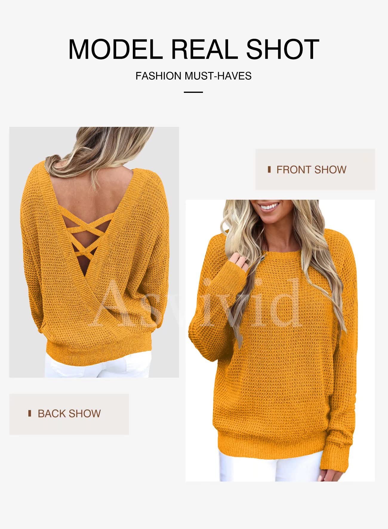 Asvivid Soft Criss Cross V Neck Knit Sweaters for Women Fall Trendy Open Back Women Sweater Solid Cozy Chunky Ovesized Pullover Tops M