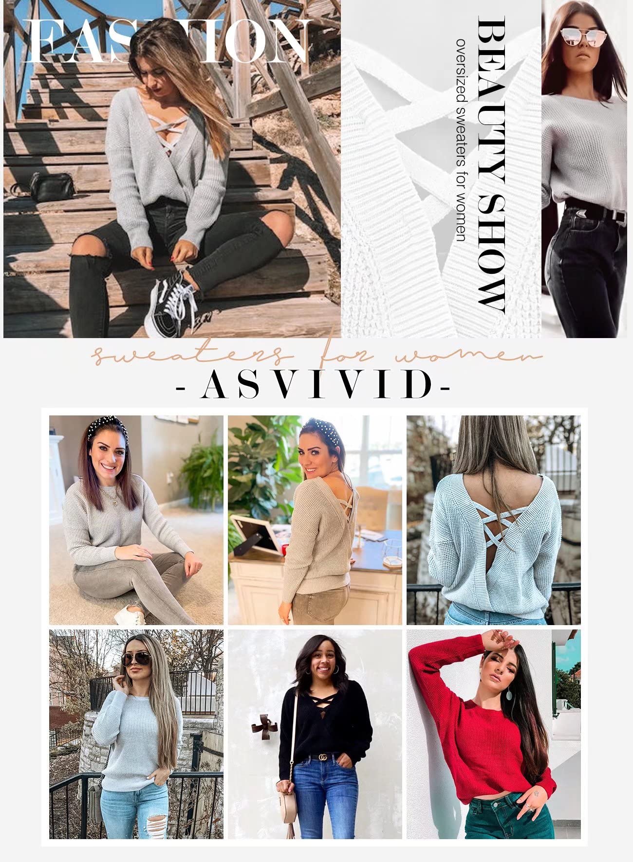 Asvivid Soft Criss Cross V Neck Knit Sweaters for Women Fall Trendy Open Back Women Sweater Solid Cozy Chunky Ovesized Pullover Tops M