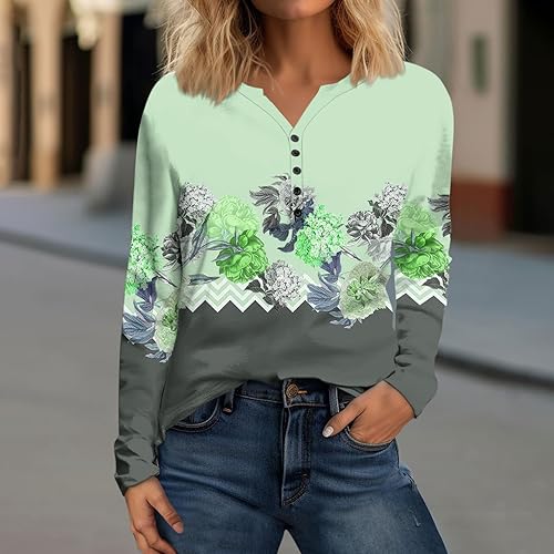 CzctKHun Long Sleeve Tops Long Sleeve Shirts for Women Womens Long Sleeve Shirts Womens Long Sleeve Tops V-Neck Pleated Pullovers Button Up Printing T-Shirt Comfy Tees Lightweight Sweatshirt