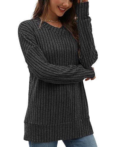 Beimuc Womens Sweaters Lightweight Long Sleeve Shirts V Neck Tunic Tops to Wear with Leggings Fall Fashion 2025 Dressy Casual Dark Gary M